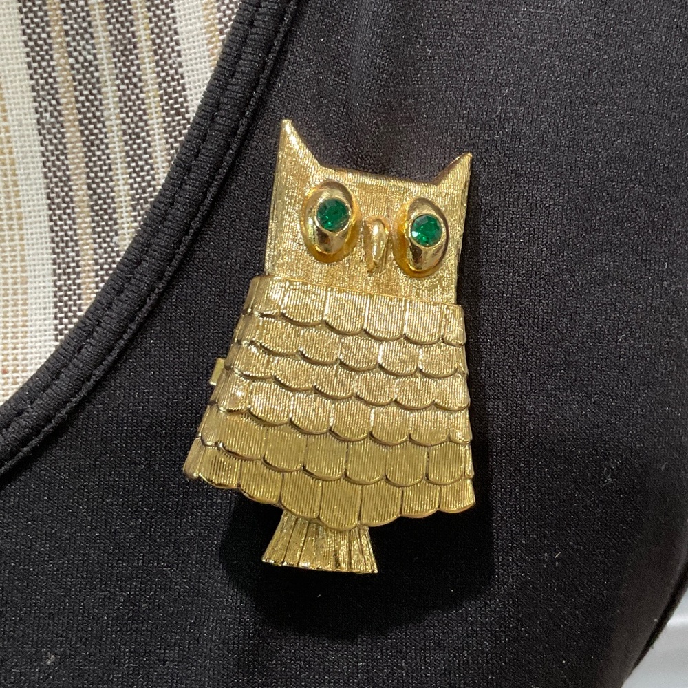Vintage Avon 1969 Gold Locket Owl Pin - Gem